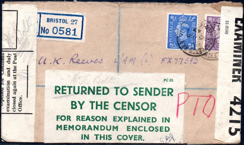 1943 “Returned to Sender By The Censor” label on inward registered ...