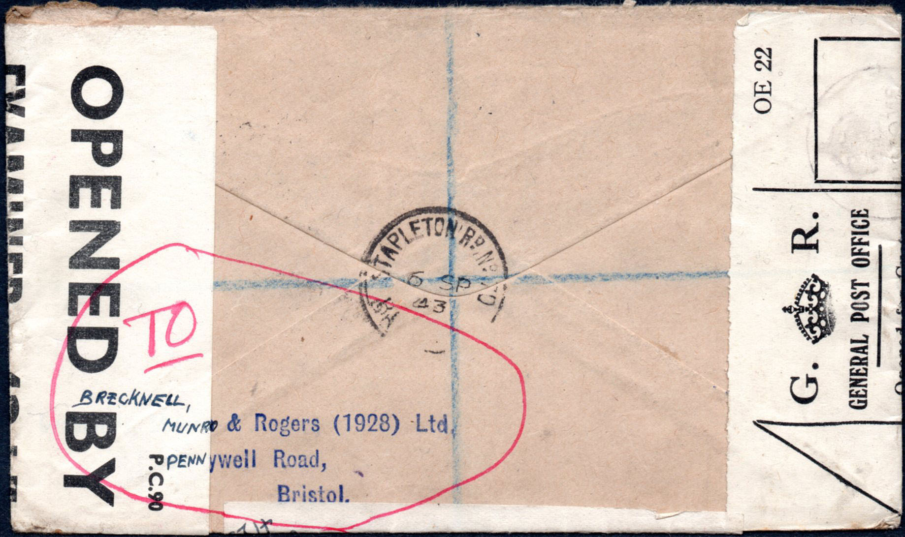 1943 “Returned to Sender By The Censor” label on inward registered ...